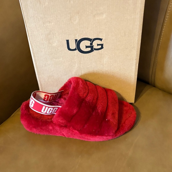 UGG | Shoes | Ugg Red Fluffy Slide Sandals | Poshmark